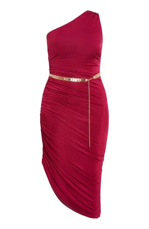 City Chic Slink Ruched One-shoulder Body-con Dress - Pomegranate