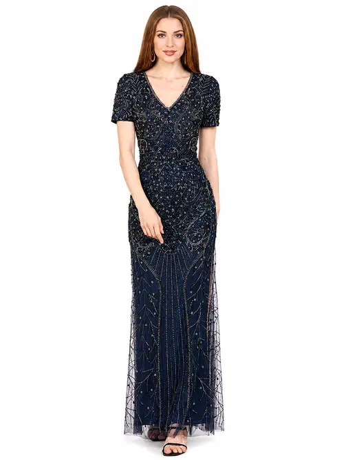 LARA NEW YORK Short Sleeve Beaded Sheath Gown - Navy