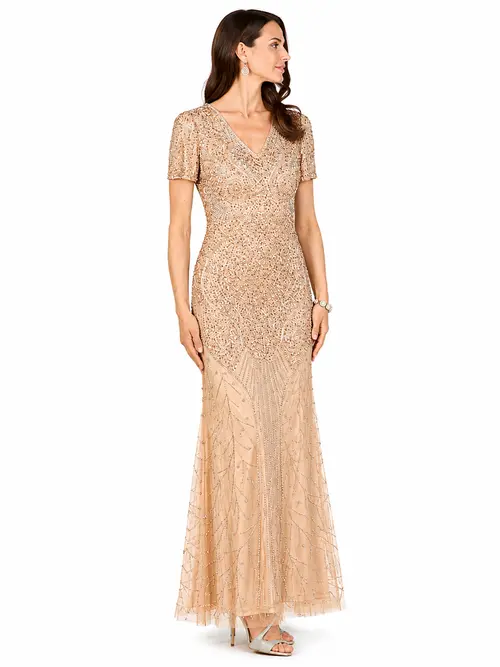 LARA NEW YORK Short Sleeve Beaded Sheath Gown