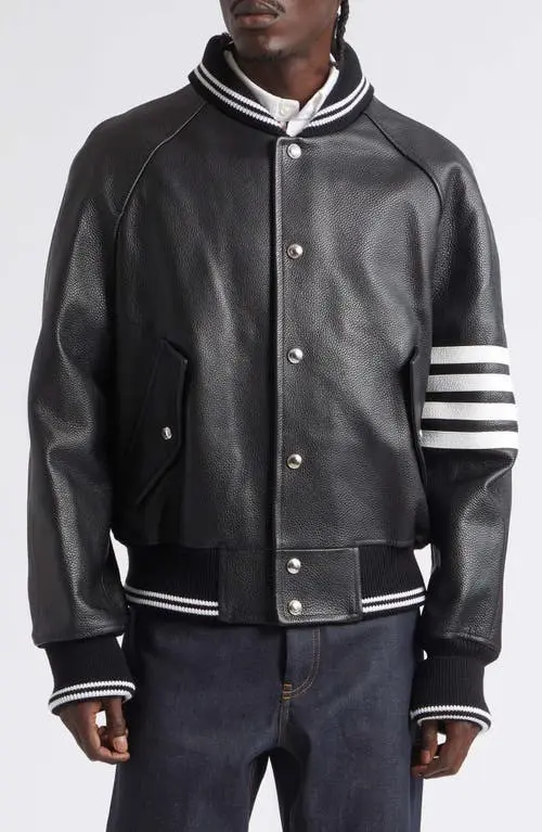 Thom Browne Leather 4-bar Varsity Jacket - Black