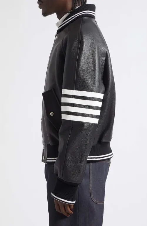 Thom Browne Leather 4-bar Varsity Jacket