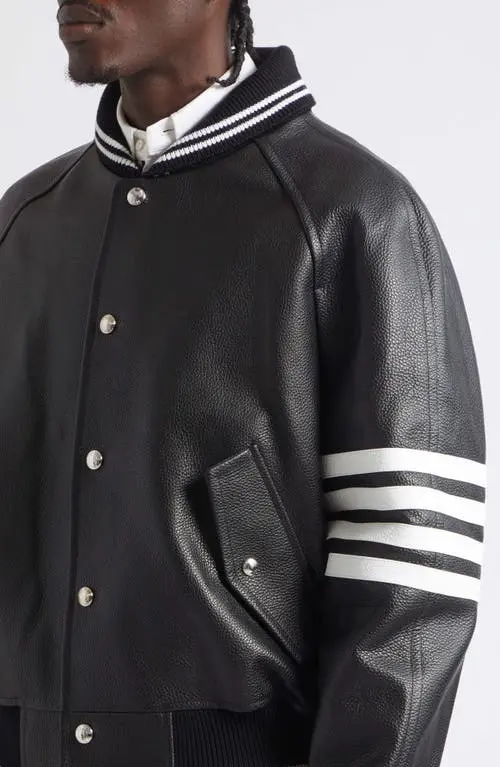 Thom Browne Leather 4-bar Varsity Jacket