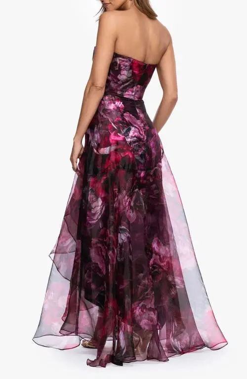 Betsy & Adam Floral Print Strapless Gown