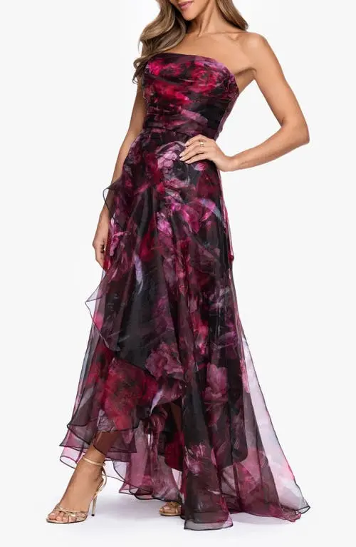 Betsy & Adam Floral Print Strapless Gown