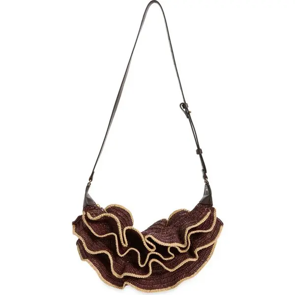 Zimmermann Ruffle Woven Raffia Shoulder Bag - Chocolate