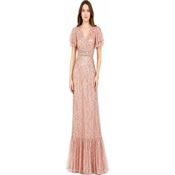 LARA NEW YORK Sequined Gown With V-neckline And Flutter Sleeves - Rose