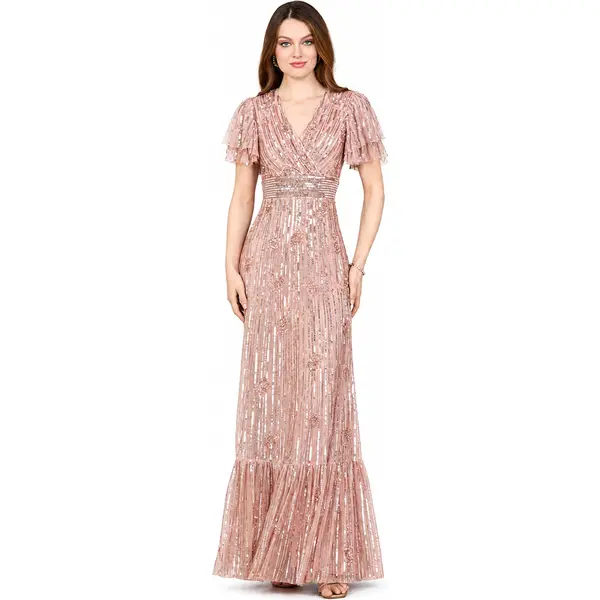 LARA NEW YORK Sequined Gown With V-neckline And Flutter Sleeves - Rose