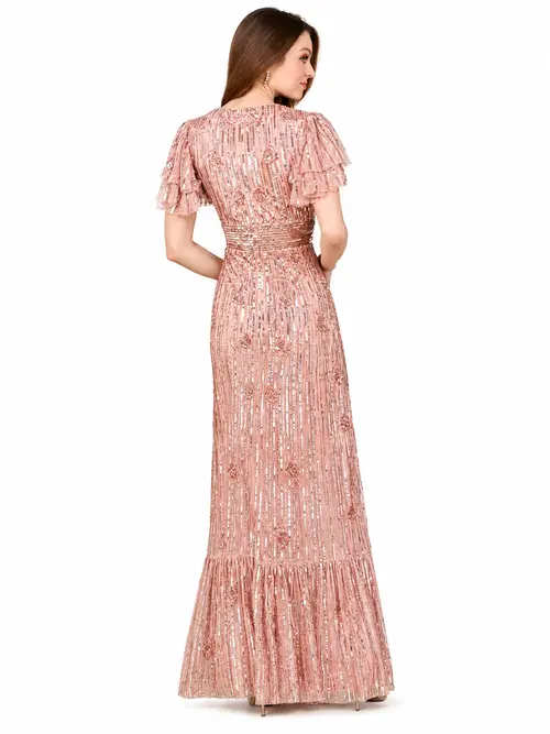 LARA NEW YORK Sequined Gown With V-neckline And Flutter Sleeves - Rose