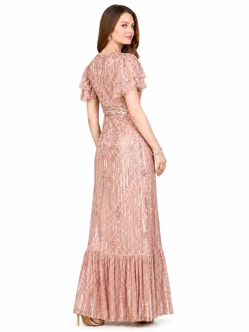 LARA NEW YORK Sequined Gown With V-neckline And Flutter Sleeves - Rose