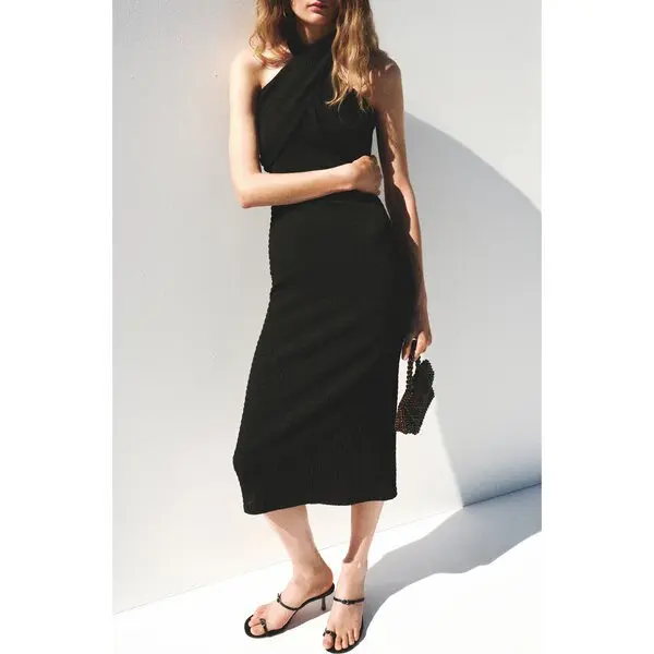 Mango Crossed Halter Midi Dress With Slit - Black