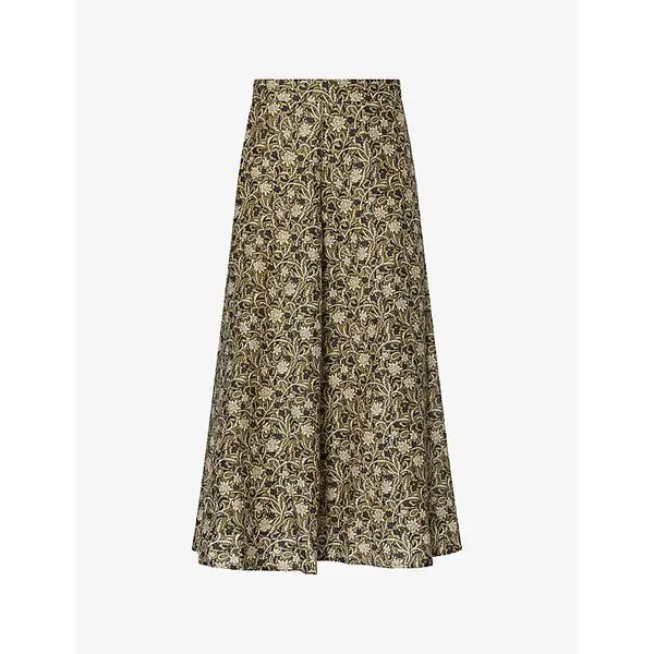 ME+EM Floral-print Cotton And Silk-blend Midi Skirt - Green/multi