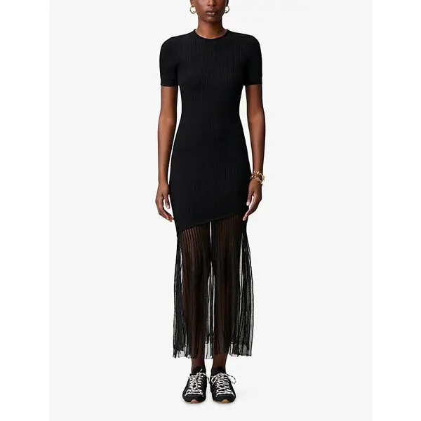 Claudie Pierlot Short-sleeved Ribbed Maxi Dress With Sheer Pleated Hem