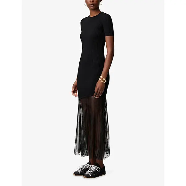 Claudie Pierlot Short-sleeved Ribbed Maxi Dress With Sheer Pleated Hem