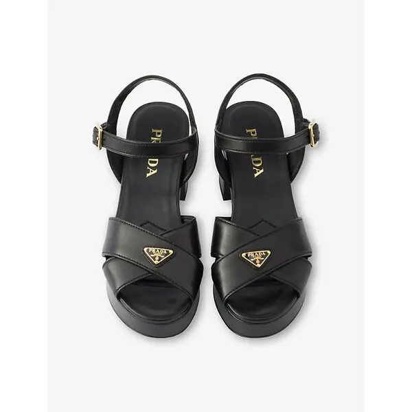 Prada Logo Plaque Platform Leather Heeled Sandals - Neutral