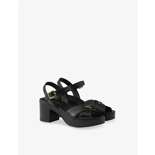 Prada Logo Plaque Platform Leather Heeled Sandals - Neutral