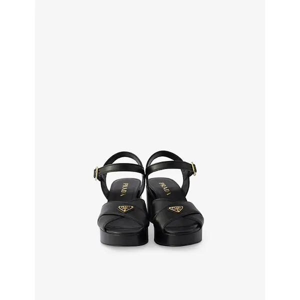 Prada Logo Plaque Platform Leather Heeled Sandals - Neutral