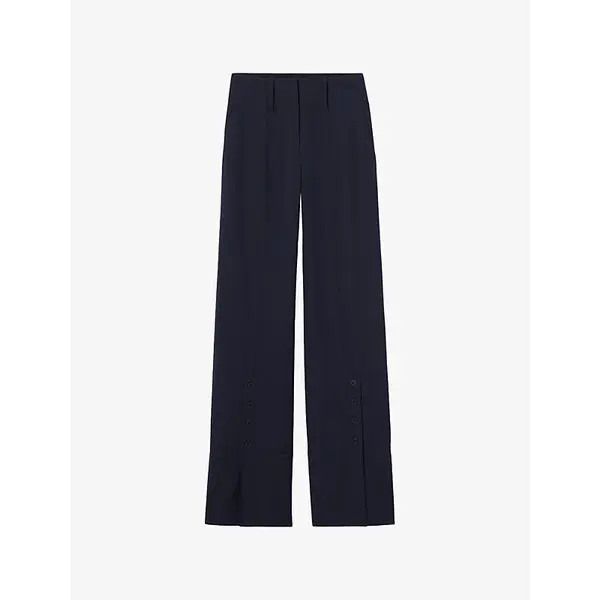 Claudie Pierlot Straight-leg Ankle-slit Wool-blend Trousers - Navy