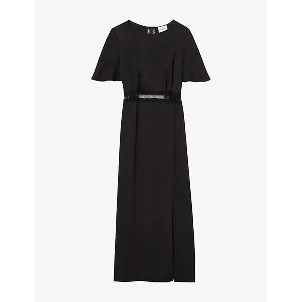 Claudie Pierlot Open-back Lace-trim Satin Maxi Dress - Black