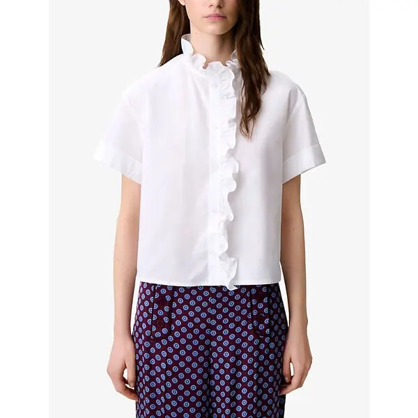 Claudie Pierlot Short Sleeve Ruffled Cotton Poplin Shirt