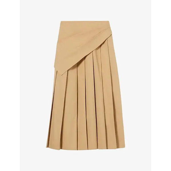 Claudie Pierlot Draped Pleated Cotton Midi Skirt - Beige