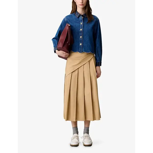 Claudie Pierlot Draped Pleated Cotton Midi Skirt