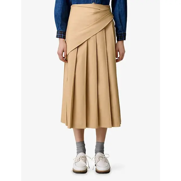 Claudie Pierlot Draped Pleated Cotton Midi Skirt