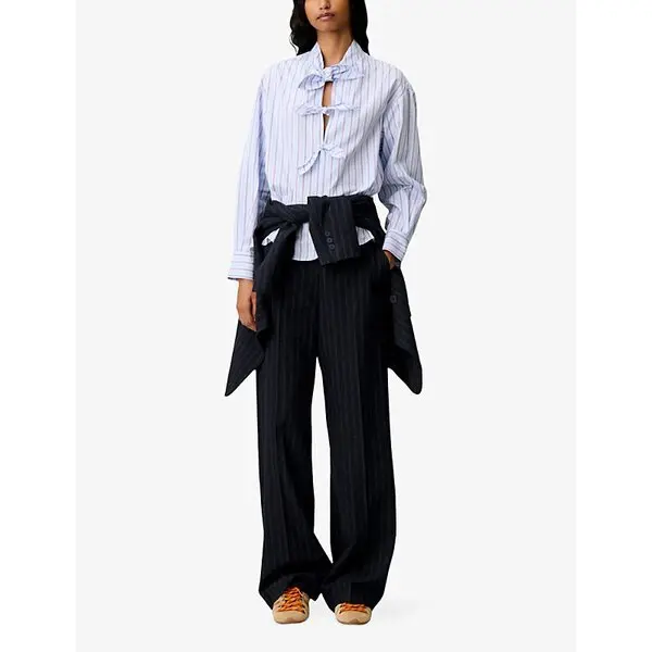 Claudie Pierlot Striped Tie-front Cotton-poplin Blouse