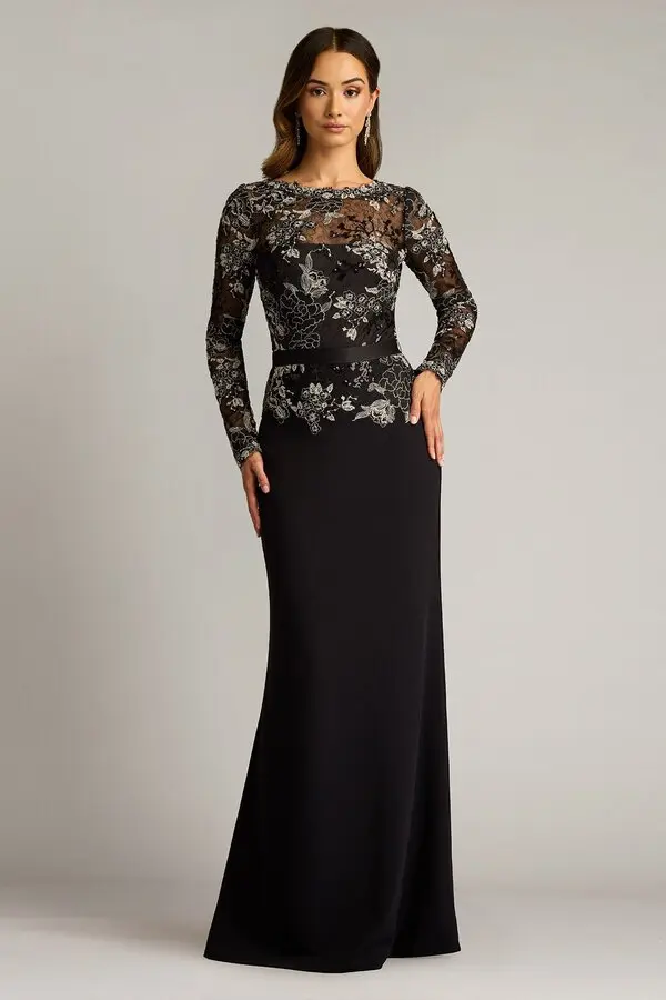 Tadashi Shoji Beacon Belted Embroidered Illusion Gown - Black/silver