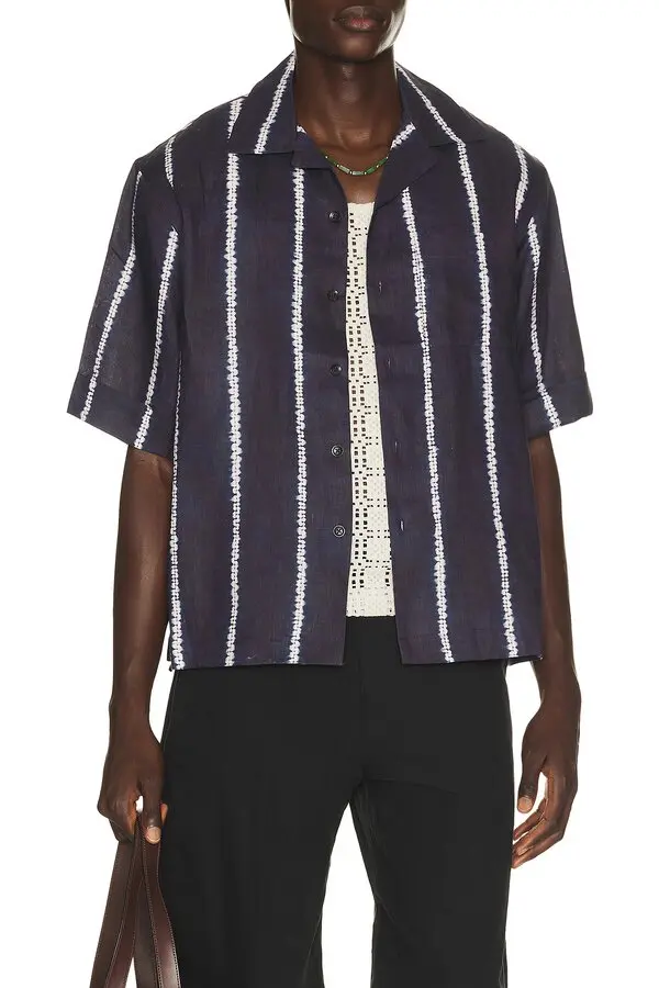 Commas Shibori Stripe Cuffed Camp Collar Shirt In Blue