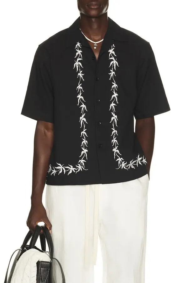 Commas Palm Embroidery Bowling Shirt - Black