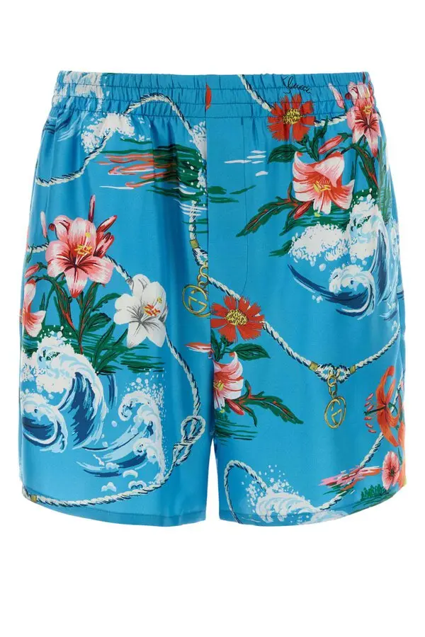 Gucci Printed Floral & Wave Motif Shorts - Azure/pink