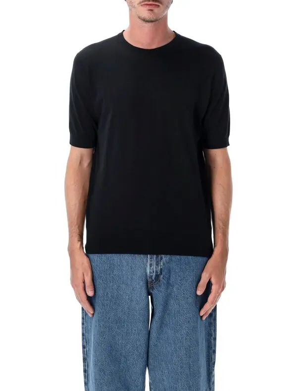 John Smedley Essential Cotton T-shirt With Crew Neck, Ribbed Hem & Cuffs - Nero