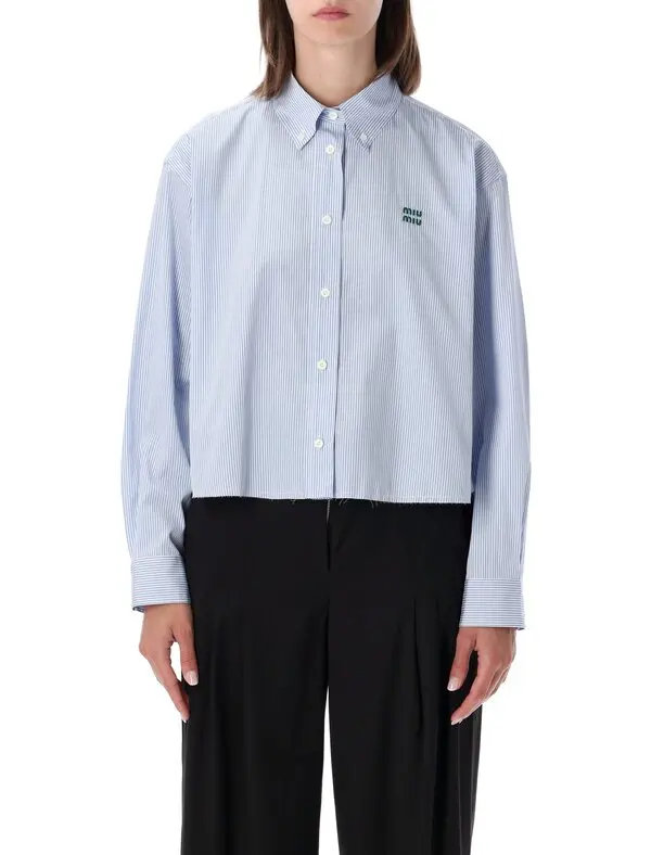 Miu Miu Cotton Poplin Boxy Pinstripe Shirt With Embroidered Logo - White Light Blue