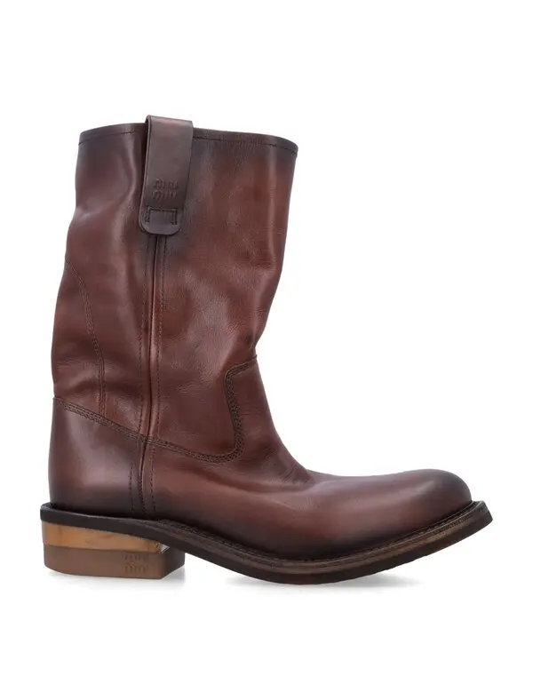 Miu Miu Mini Aged-effect Leather Slouch Booties With Logo Heel Detail - Coffee