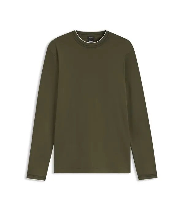BOSS Long-sleeved T-shirt In Mercerized Cotton With Contrast Trim - Light Green