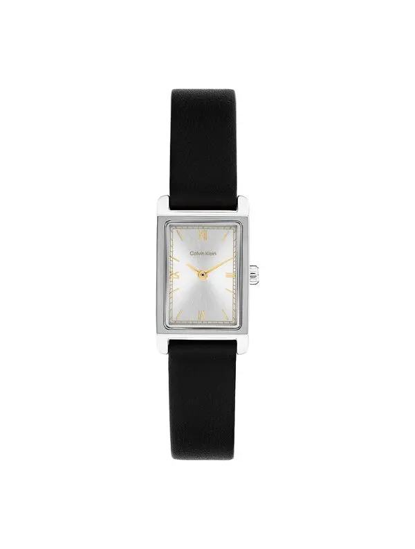 Calvin Klein Rectangle Sunray Dial Leather Strap Watch - Silver White