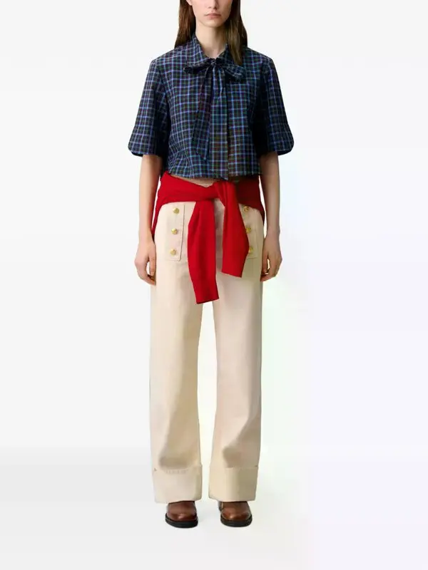 Claudie Pierlot Checked Pussy-bow Cropped Shirt - Green