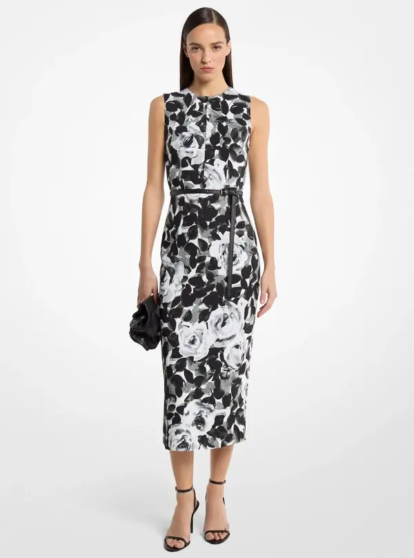 Michael Kors Rose Stretch Cady Belted Sheath Dress - Grey