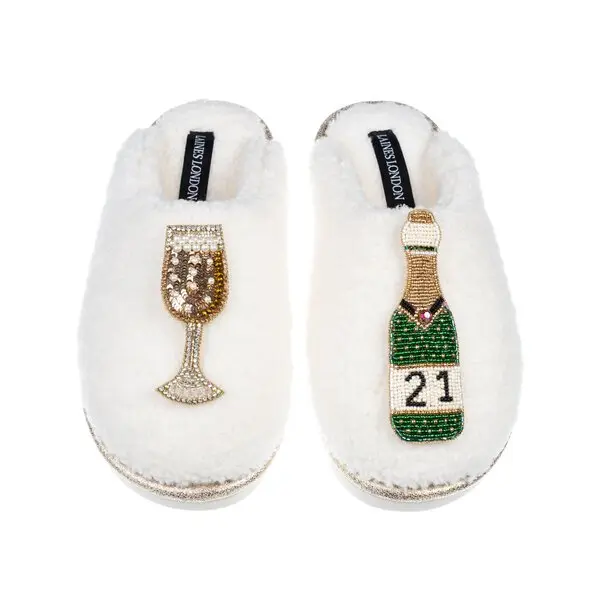 LAINES LONDON Teddy Towelling Closed Toe Slippers With Champagne Bottle And Glass Embellishments - White