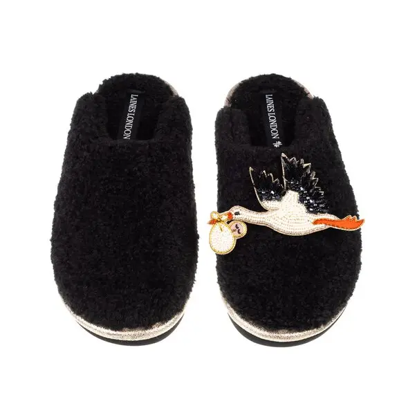 LAINES LONDON Teddy Towelling Closed Toe Slippers With Stork Brooch - Black/gold
