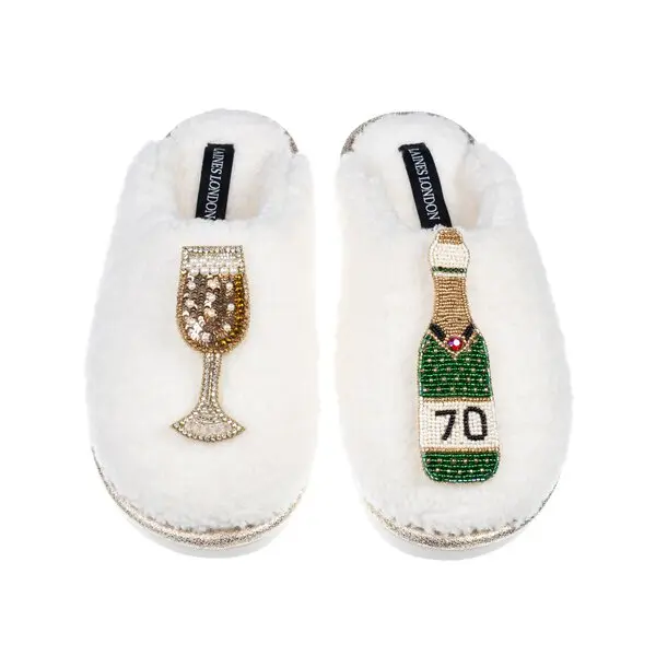 LAINES LONDON Teddy Towelling Closed Toe Slippers With Champagne Brooches - White