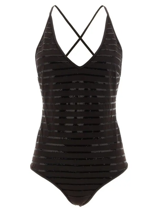 Brunello Cucinelli One-piece Swimsuit With Sequined Stripes - Brown