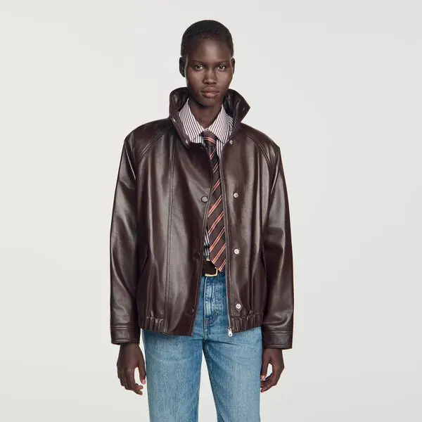 Sandro Oversized Leather Jacket With Stand Collar
