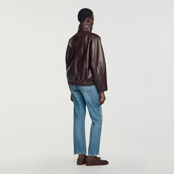 Sandro Oversized Leather Jacket With Stand Collar