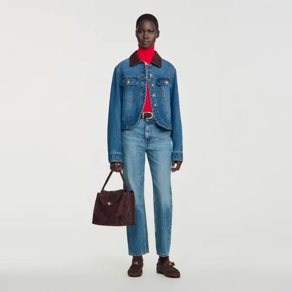 Sandro Denim Jacket With Contrasting Leather Collar - Blue Jean