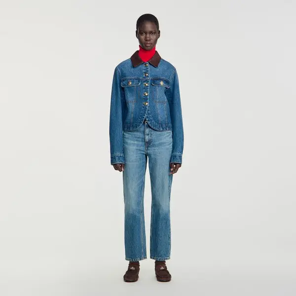 Sandro Denim Jacket With Contrasting Leather Collar