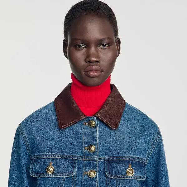 Sandro Denim Jacket With Contrasting Leather Collar