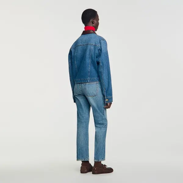 Sandro Denim Jacket With Contrasting Leather Collar