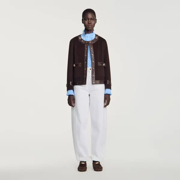Sandro Short Coat With Lambskin And Metal Buckle Details