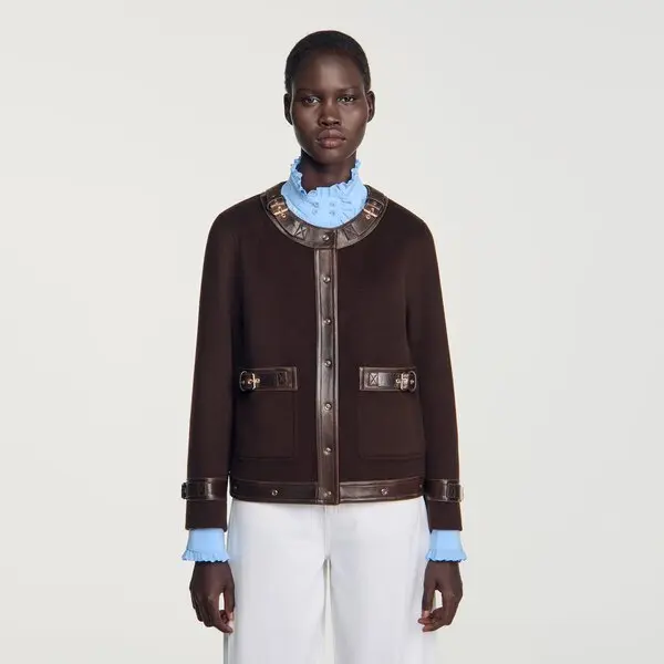 Sandro Short Coat With Lambskin And Metal Buckle Details